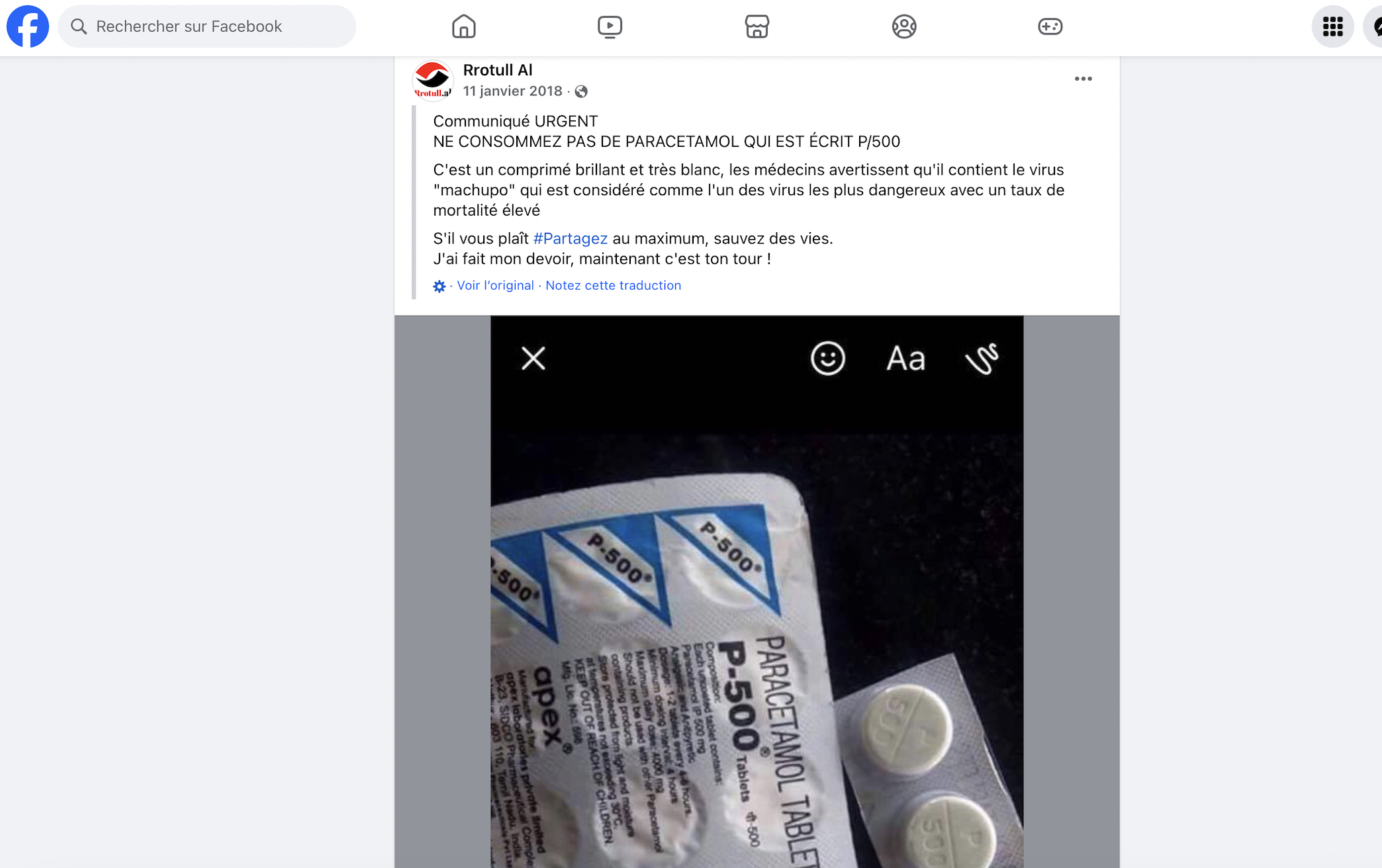 Faux, les comprimés de paracétamol P-500 ne contiennent pas le virus ...
